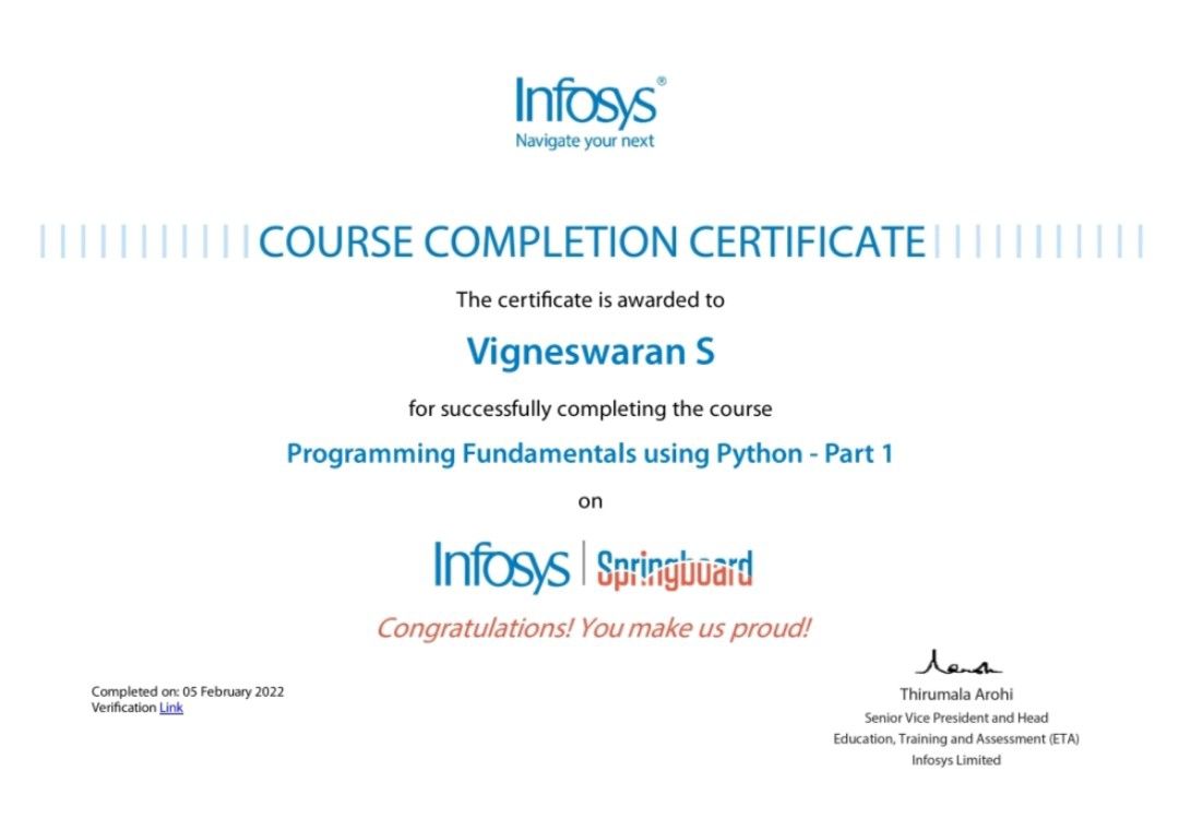 Vigneswaran Sivagurunathan on LinkedIn: #python #infosysspringboard # ... Vigneswaran Sivagurunathan on LinkedIn: #python #infosysspringboard # ...