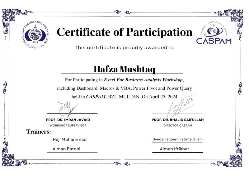 Certified in 'Excel For Business Analysis' by Prof. Dr. Javaid | Hafza ... Certified in 'Excel For Business Analysis' by Prof. Dr. Javaid | Hafza ...