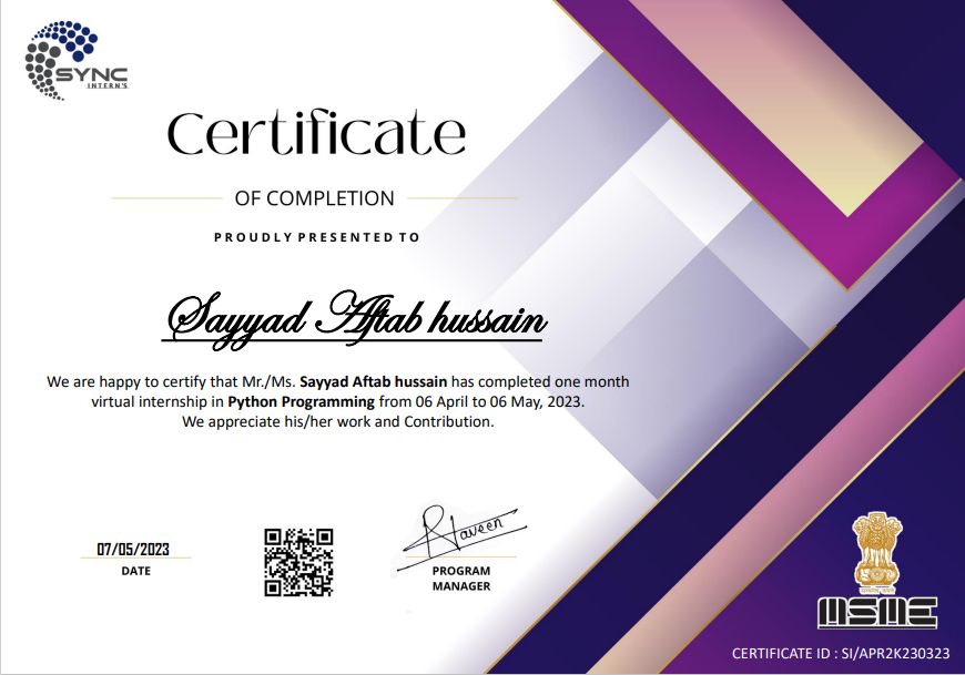 Aftab hussain Sayyad on LinkedIn: #python #syncinterns #connections Aftab hussain Sayyad on LinkedIn: #python #syncinterns #connections