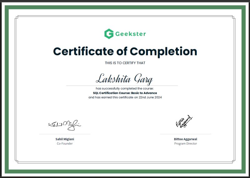 Lakshita Garg on LinkedIn: #sql #certification #geekster # ... Lakshita Garg on LinkedIn: #sql #certification #geekster # ...