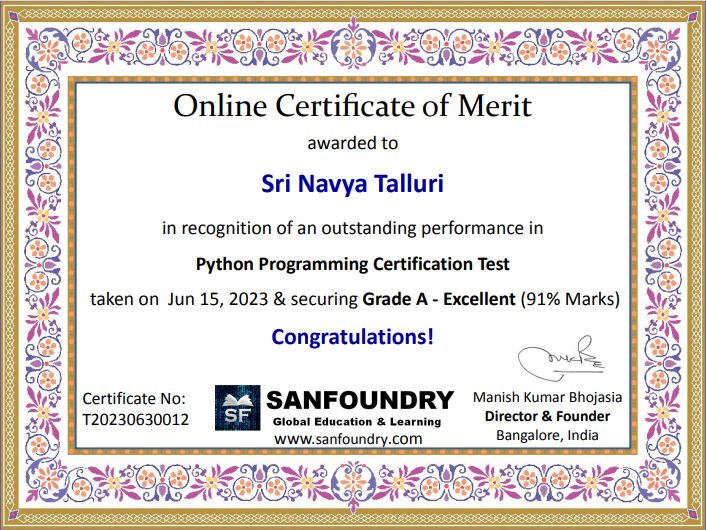 Sri Navya Talluri on LinkedIn: #pythonprogramming #certification # ... Sri Navya Talluri on LinkedIn: #pythonprogramming #certification # ...