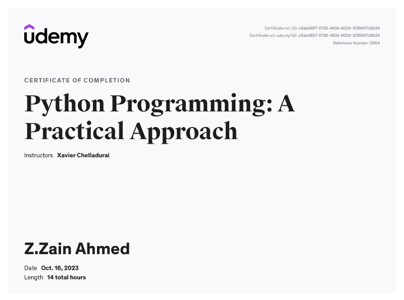 Z ZAIN A. on LinkedIn: Python Programming Certificate. Z ZAIN A. on LinkedIn: Python Programming Certificate.