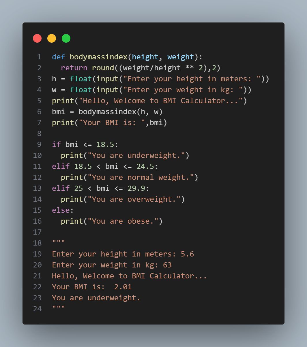 Haneesh Dabbadi on LinkedIn: #pythonprogramming #bmicalculator #healthtech Haneesh Dabbadi on LinkedIn: #pythonprogramming #bmicalculator #healthtech