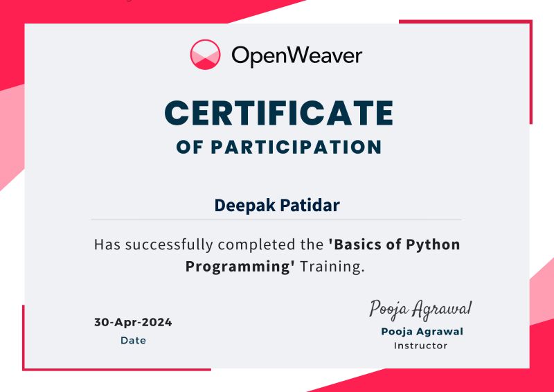 Deepak patidar on LinkedIn: #python #programming #certification Deepak patidar on LinkedIn: #python #programming #certification