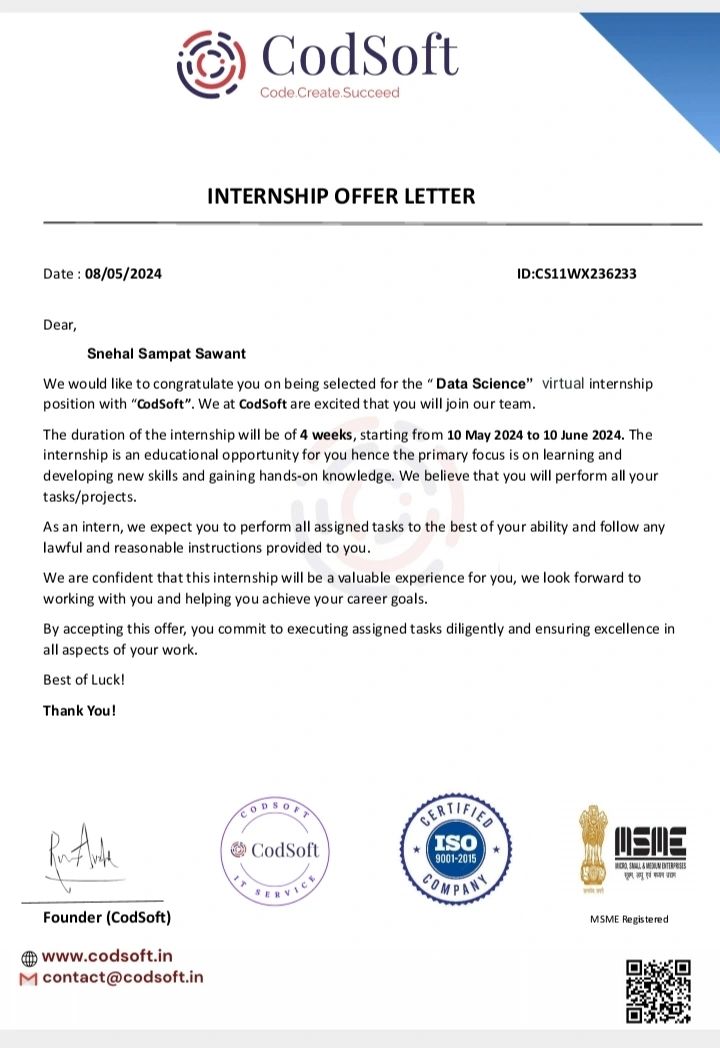 Snehal Sawant on LinkedIn: #datascience #internship #codesoft Snehal Sawant on LinkedIn: #datascience #internship #codesoft