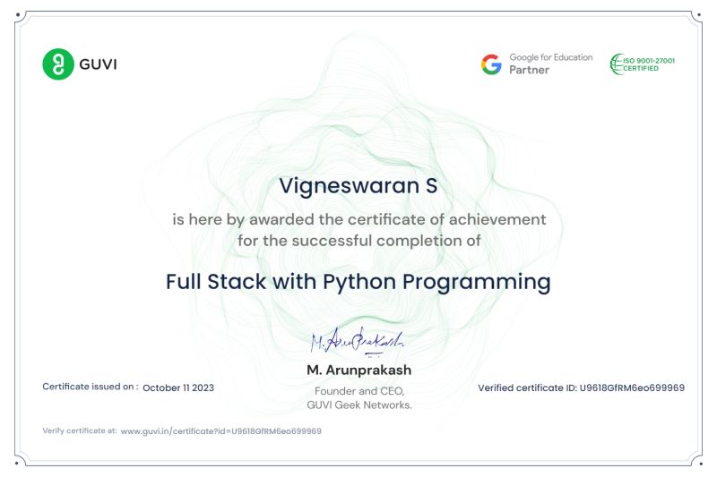 Completed Full Stack with python by Guvi | Vigneswaran S posted on the ... Completed Full Stack with python by Guvi | Vigneswaran S posted on the ...