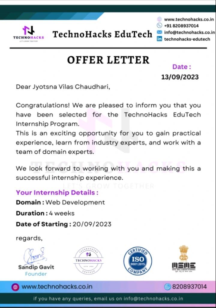 Jyotsna Chaudhari on LinkedIn: #internship #projects #technohacksedutech Jyotsna Chaudhari on LinkedIn: #internship #projects #technohacksedutech