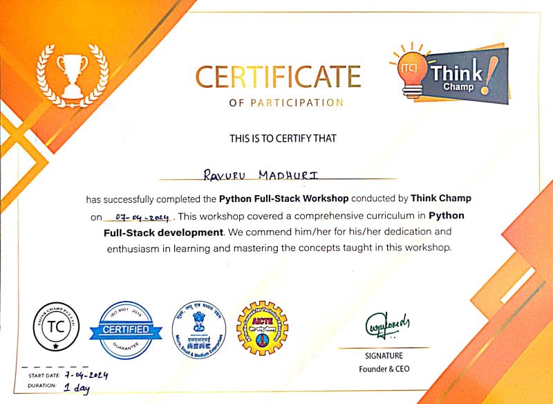 Completed Python Fullstack Workshop at ThinkChamp Institute | Ravuru ... Completed Python Fullstack Workshop at ThinkChamp Institute | Ravuru ...