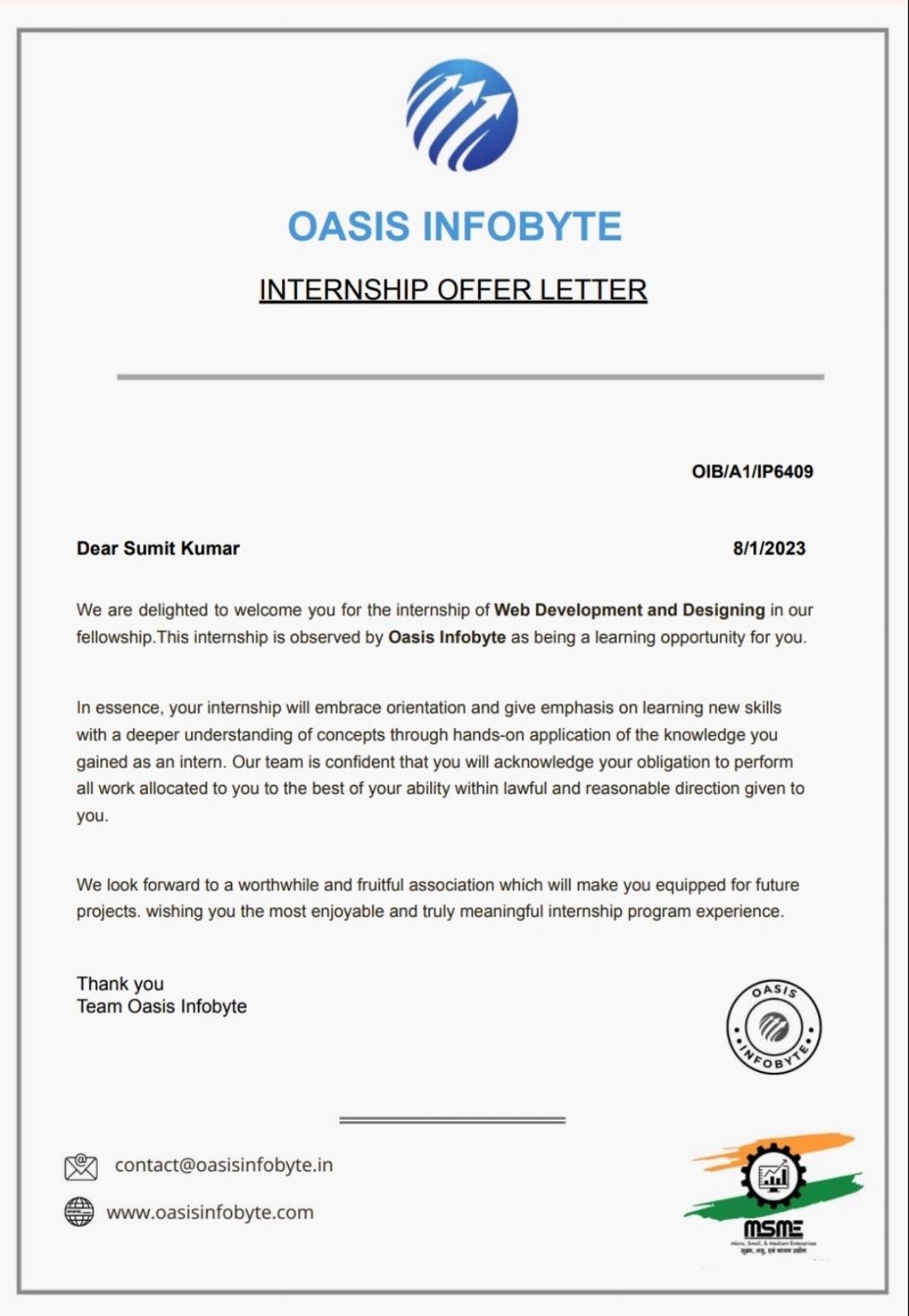 Sumit Kumar on LinkedIn: #oasisinfobyte #internshipletter # ... Sumit Kumar on LinkedIn: #oasisinfobyte #internshipletter # ...