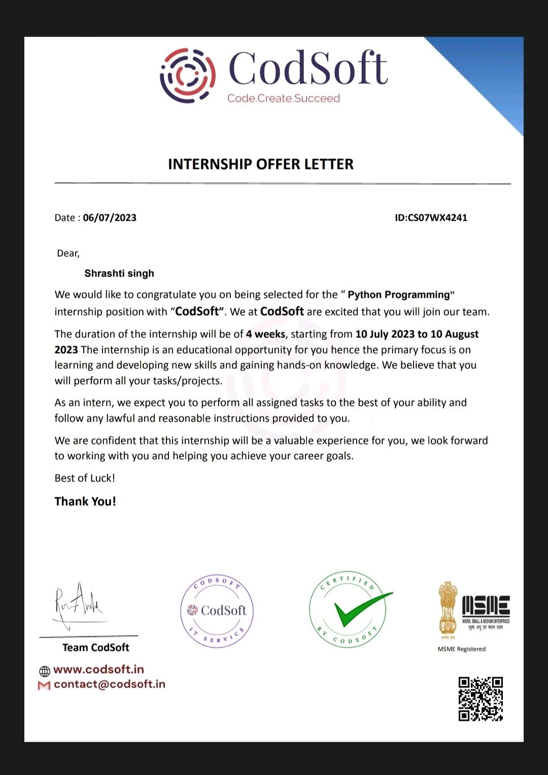 Shrashti Singh on LinkedIn: #codsoft #internship #pythonprogramming # ... Shrashti Singh on LinkedIn: #codsoft #internship #pythonprogramming # ...
