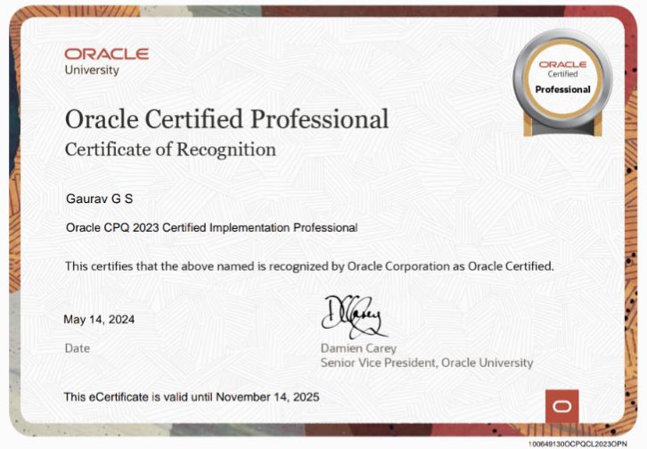 Gaurav G S on LinkedIn: #oracle #oraclecertified #oraclecloud #oraclecpq Gaurav G S on LinkedIn: #oracle #oraclecertified #oraclecloud #oraclecpq