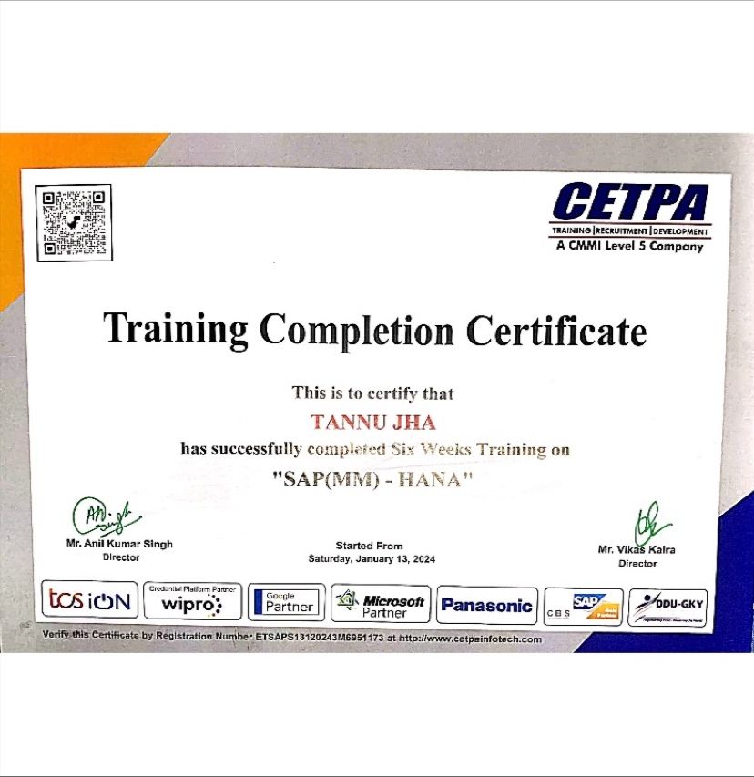 Completed SAP MM course by CETPA | Tannu Jha posted on the topic | LinkedIn Completed SAP MM course by CETPA | Tannu Jha posted on the topic | LinkedIn