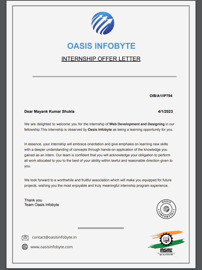 Mayank Shukla on LinkedIn: #oasisinfobyte #interns #webdevelopment Mayank Shukla on LinkedIn: #oasisinfobyte #interns #webdevelopment