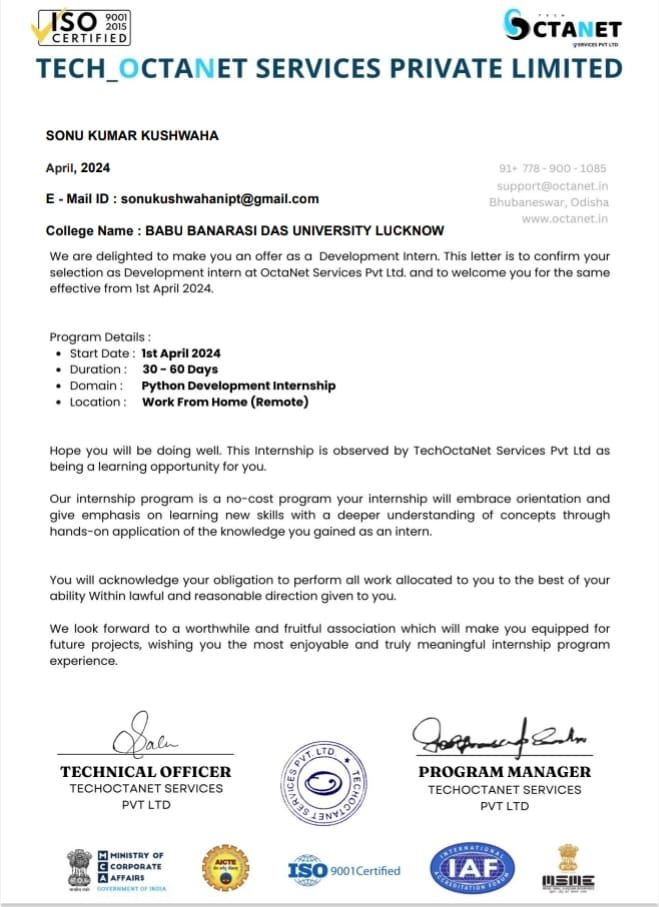 Sonu Kushwaha on LinkedIn: #octanetinternship #pythondeveloper # ... Sonu Kushwaha on LinkedIn: #octanetinternship #pythondeveloper # ...