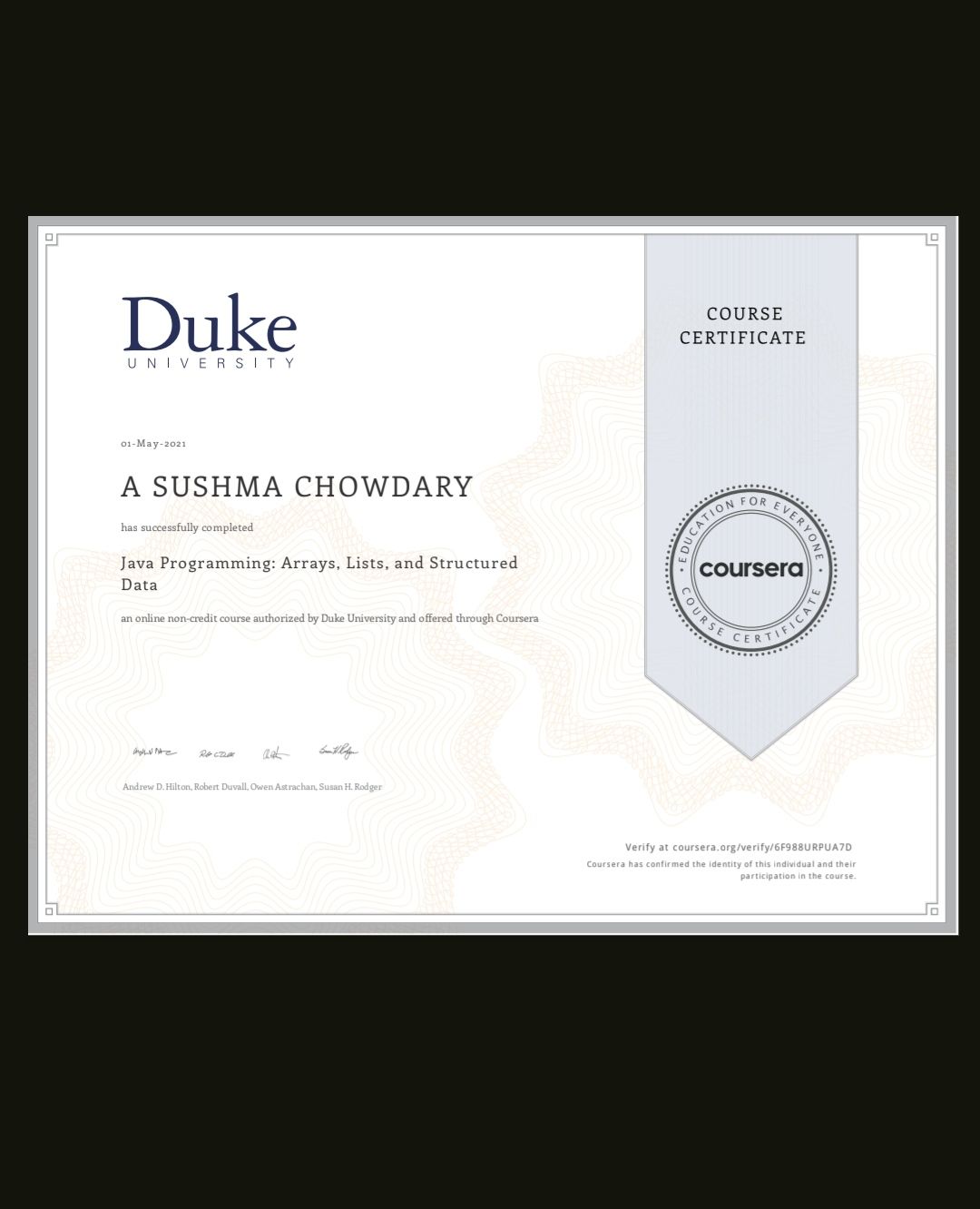 SUSHMA CHOWDARY AARI on LinkedIn: #dukeuniversity #coursera # ... SUSHMA CHOWDARY AARI on LinkedIn: #dukeuniversity #coursera # ...