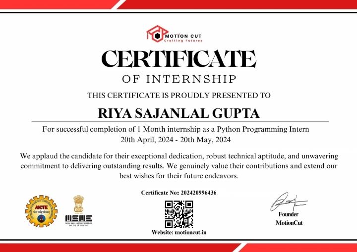 Riya Gupta on LinkedIn: #pythonprogrammingintern #motioncut Riya Gupta on LinkedIn: #pythonprogrammingintern #motioncut