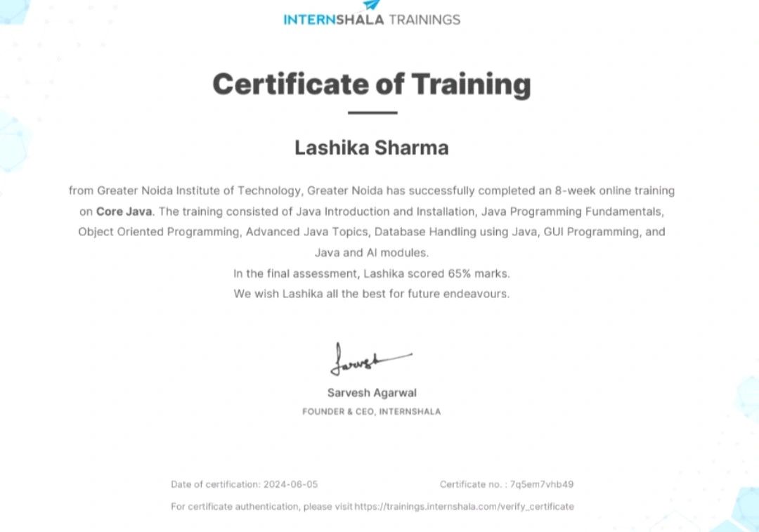 Lashika Sharma on LinkedIn: #java #programming #training #internshala # ... Lashika Sharma on LinkedIn: #java #programming #training #internshala # ...
