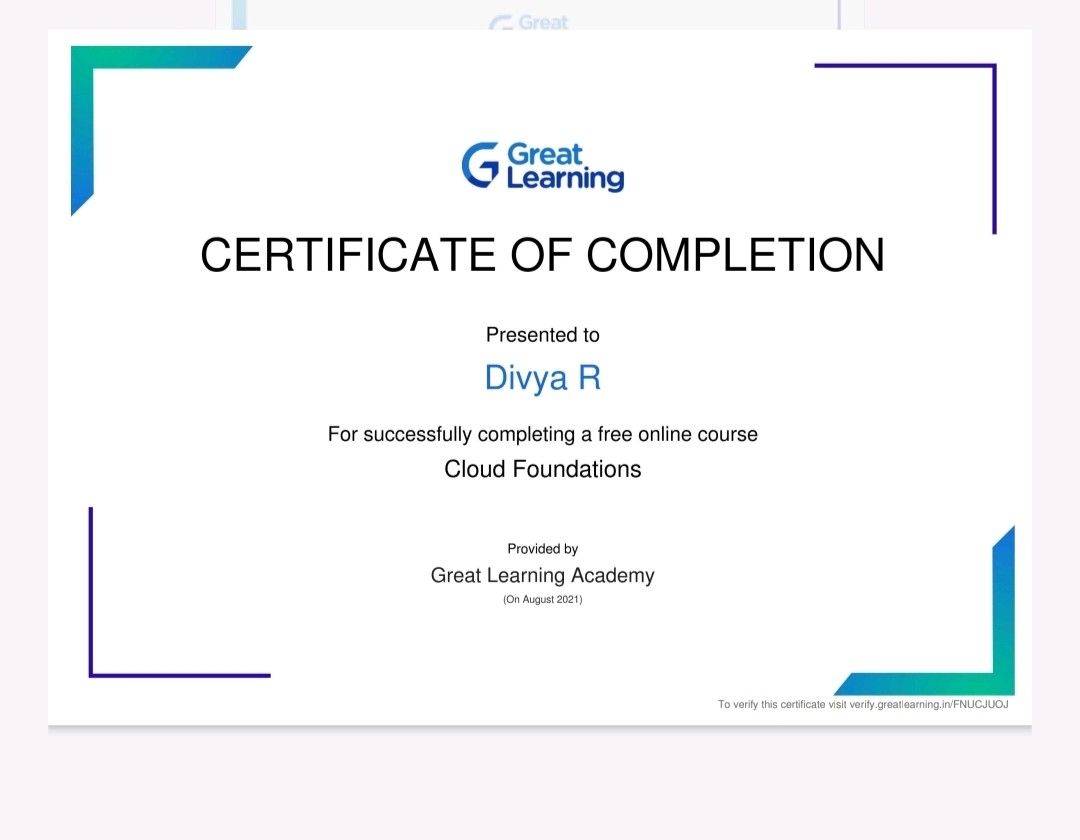 Divya R on LinkedIn: Cloud foundation course successfully completed Divya R on LinkedIn: Cloud foundation course successfully completed
