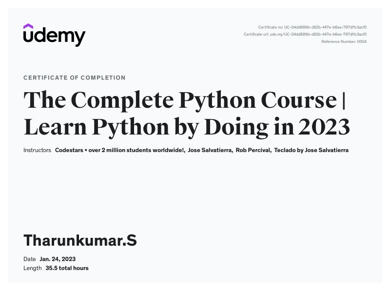 Tharun Kumar.S on LinkedIn: #python #udemy #coding #professionaldevelopment Tharun Kumar.S on LinkedIn: #python #udemy #coding #professionaldevelopment