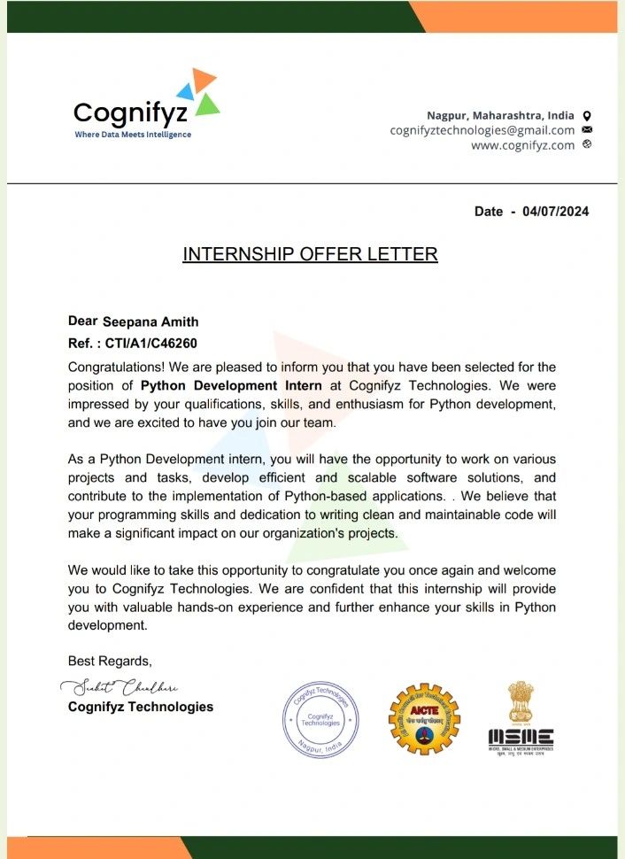 seepana amit on LinkedIn: #internship #python #cognifyz #cognifyztech # ... seepana amit on LinkedIn: #internship #python #cognifyz #cognifyztech # ...