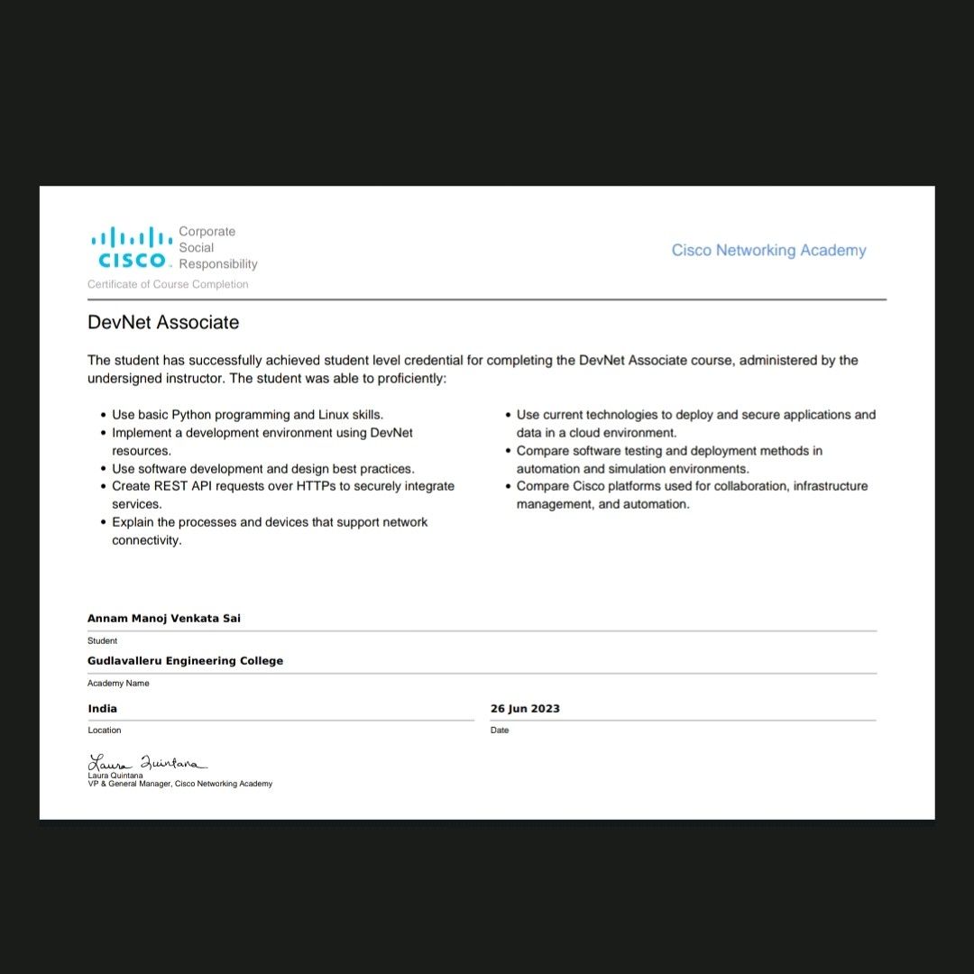 Manoj Venkata Sai Annam on LinkedIn: completed the Cisco DevNet Associate Manoj Venkata Sai Annam on LinkedIn: completed the Cisco DevNet Associate