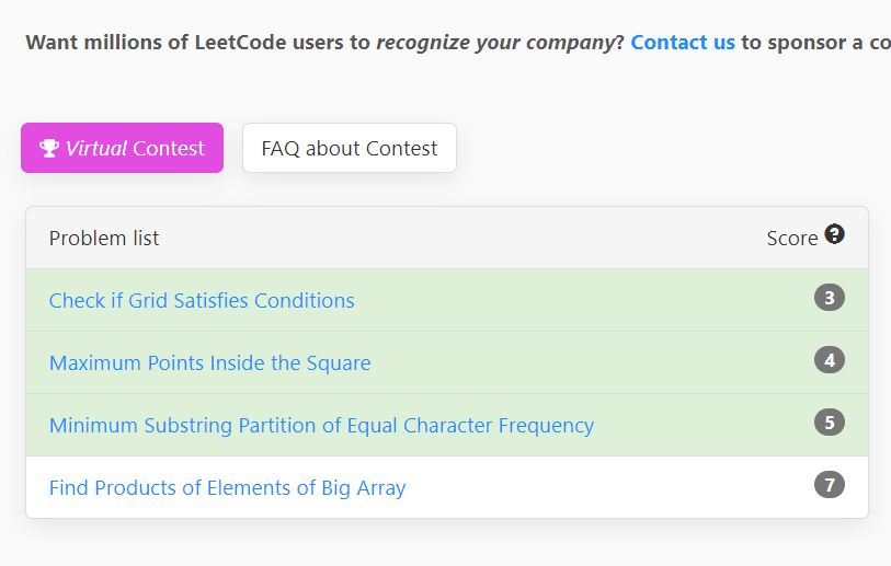Participated in LeetCode Contest 130 and solved 3 out of 4 problems ... Participated in LeetCode Contest 130 and solved 3 out of 4 problems ...