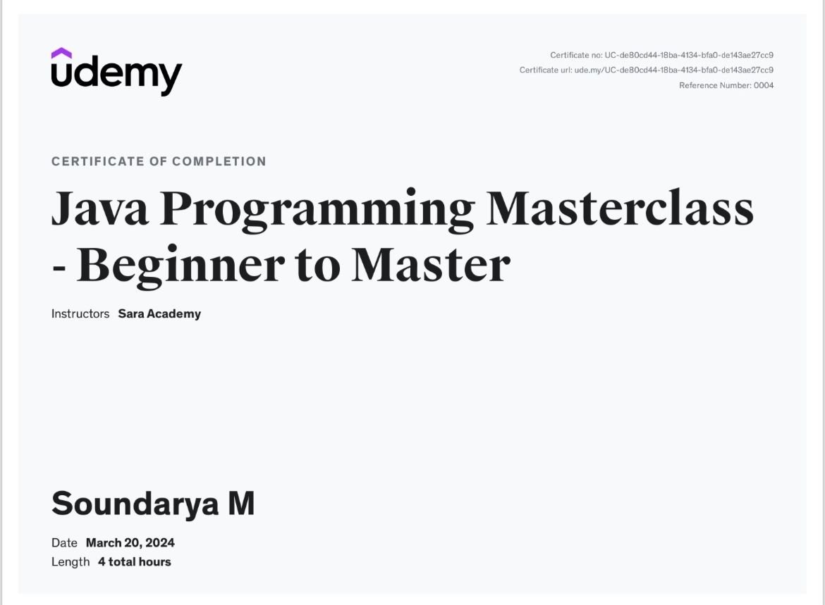 Soundarya M on LinkedIn: #java #certification #continuouslearning Soundarya M on LinkedIn: #java #certification #continuouslearning