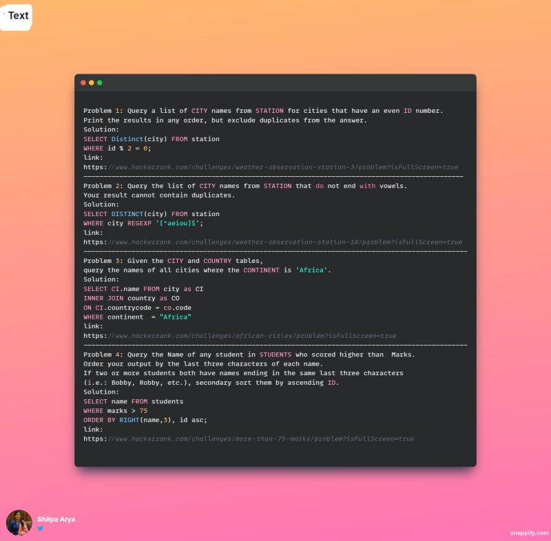Shilpa Arya on LinkedIn: Hey Everyone, I have solved SQL questions from ... Shilpa Arya on LinkedIn: Hey Everyone, I have solved SQL questions from ...