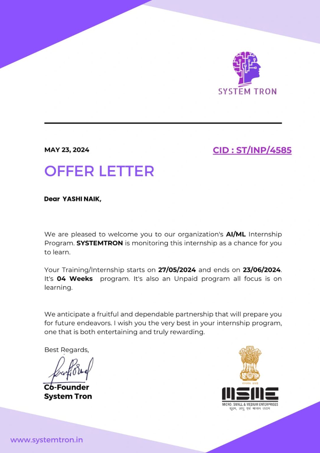 yashi naik on LinkedIn: #newbeginnings #internship #systemtron yashi naik on LinkedIn: #newbeginnings #internship #systemtron