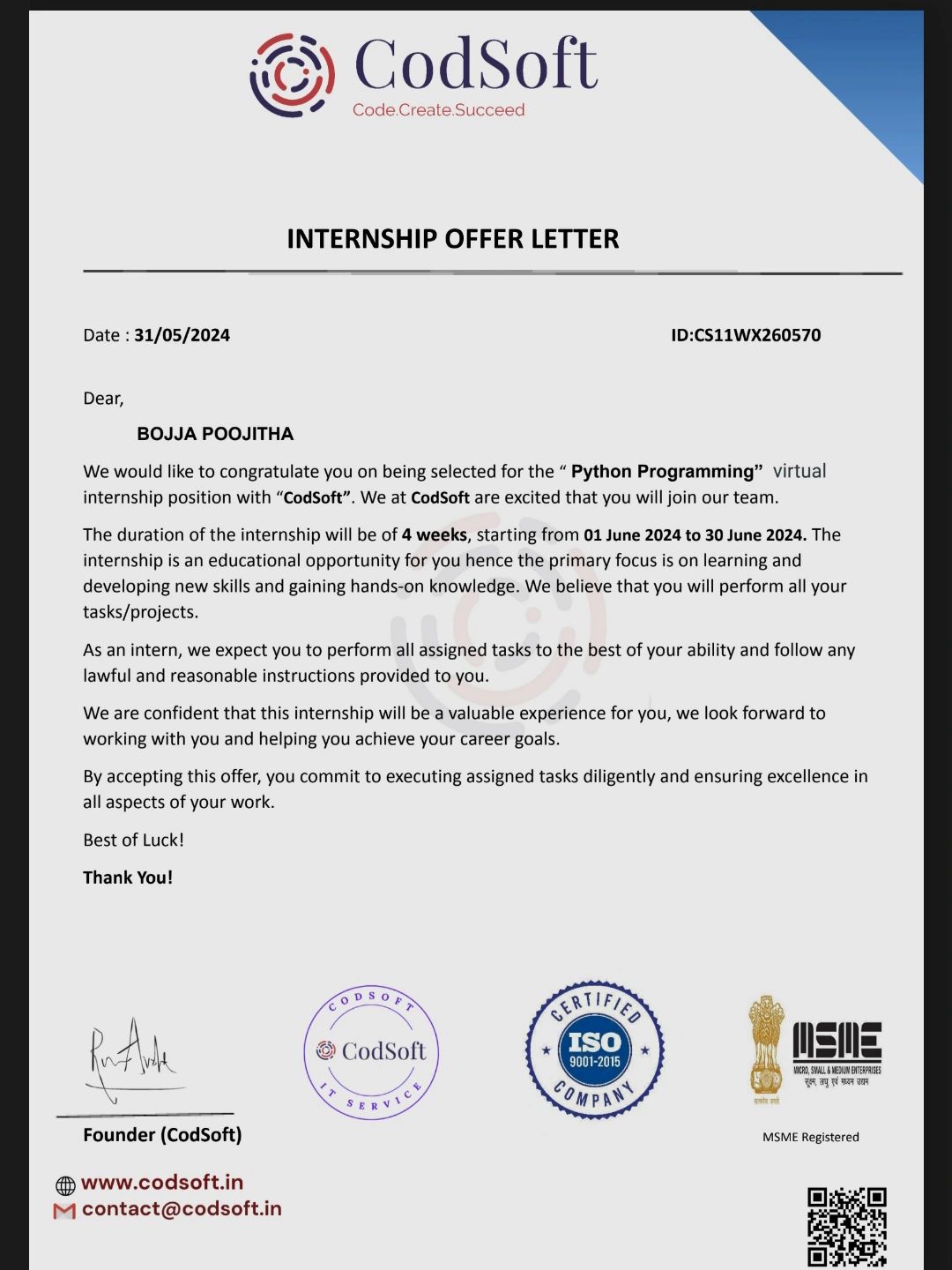 Poojitha .B on LinkedIn: #excited #codsoft #internship Poojitha .B on LinkedIn: #excited #codsoft #internship