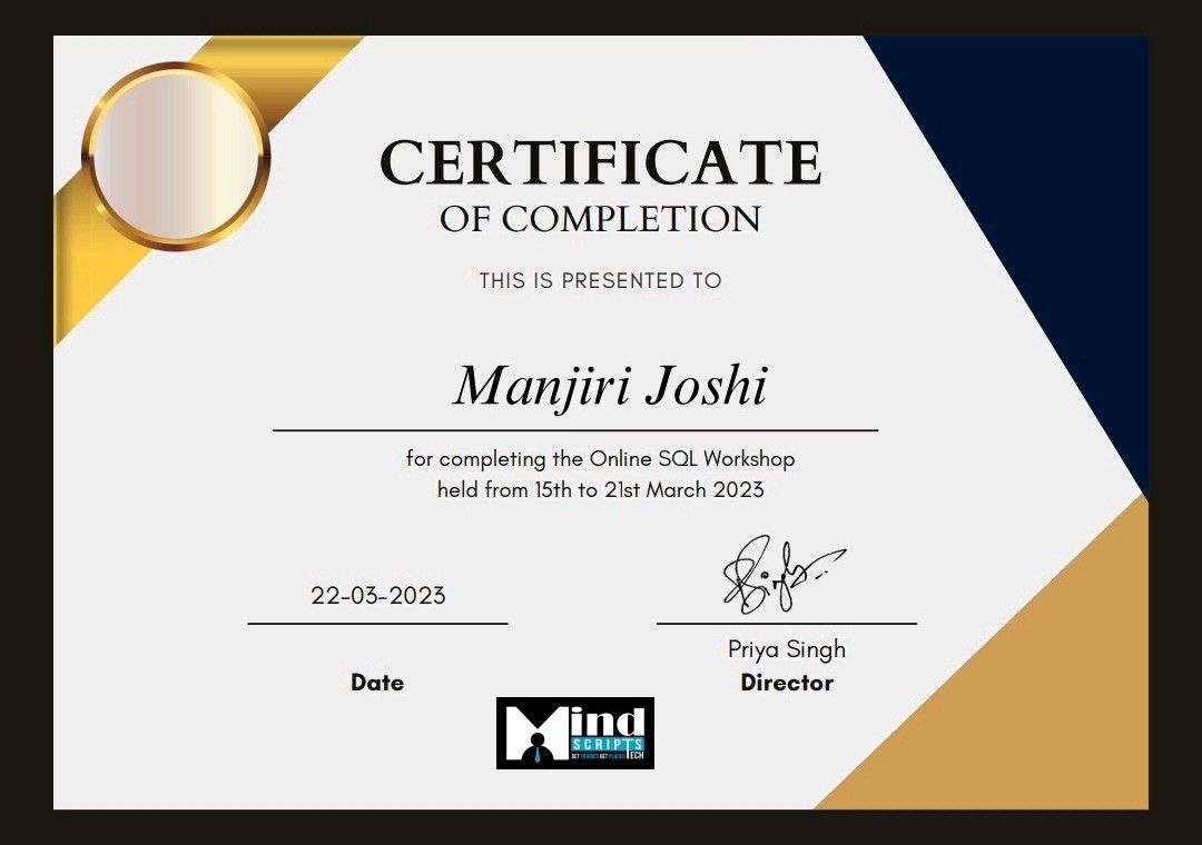 Manjiri Joshi on LinkedIn: #achievement #sql #mysql #mindscripts Manjiri Joshi on LinkedIn: #achievement #sql #mysql #mindscripts