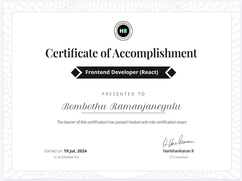 Bombothu Ramanjaneyulu on LinkedIn: #hackerrank #react # ... Bombothu Ramanjaneyulu on LinkedIn: #hackerrank #react # ...