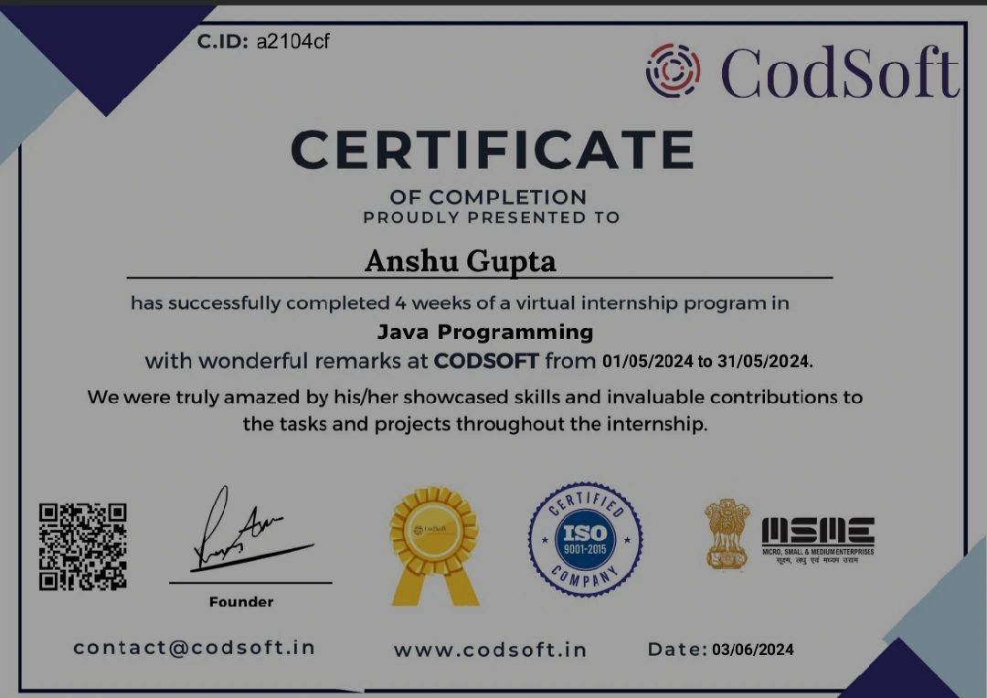 Anshu Gupta on LinkedIn: #javaprogramming #internship #codsoft # ... Anshu Gupta on LinkedIn: #javaprogramming #internship #codsoft # ...