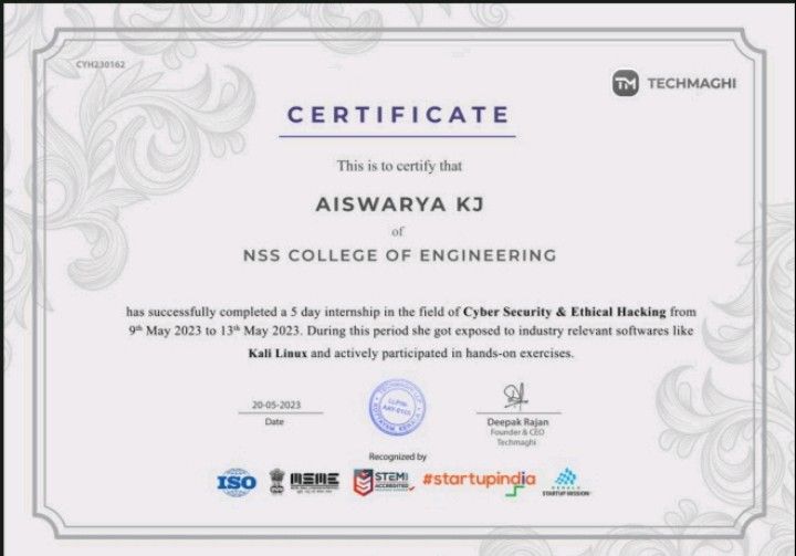 Aiswarya KJ on LinkedIn: Successfully completed internship in the field ... Aiswarya KJ on LinkedIn: Successfully completed internship in the field ...
