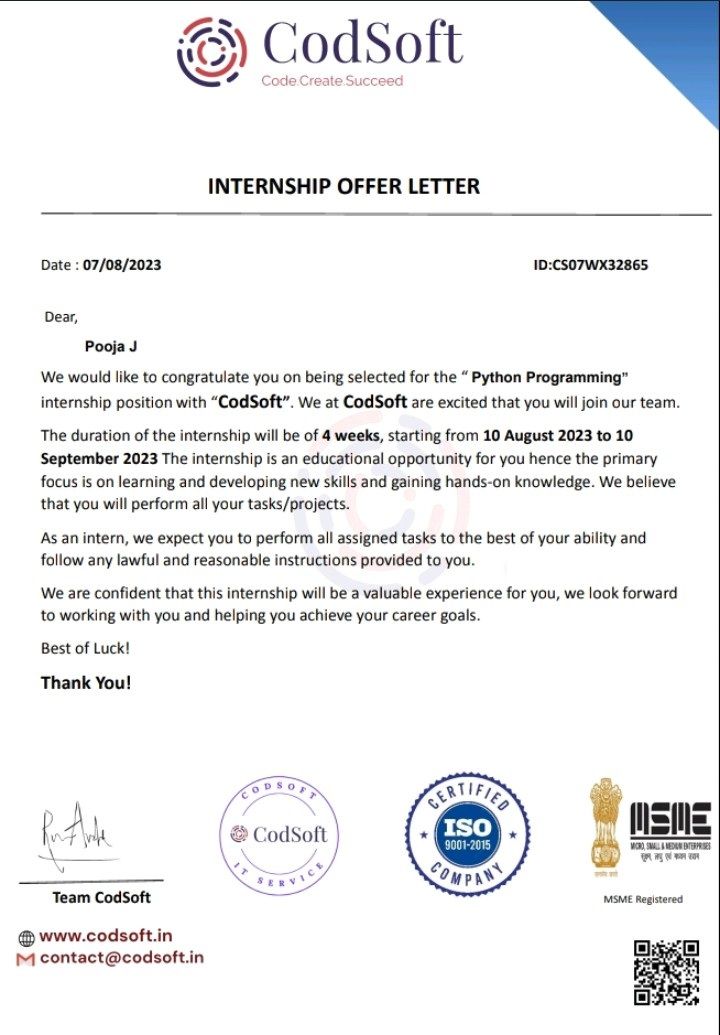 Pooja J on LinkedIn: #codsoft #pythonprogramming #internship Pooja J on LinkedIn: #codsoft #pythonprogramming #internship