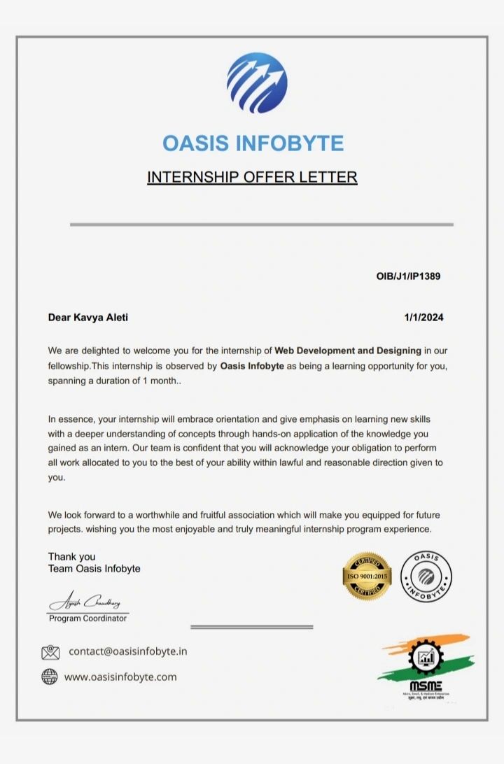 Kavya Aleti on LinkedIn: #oasisinfobyte #html #css #javascript Kavya Aleti on LinkedIn: #oasisinfobyte #html #css #javascript