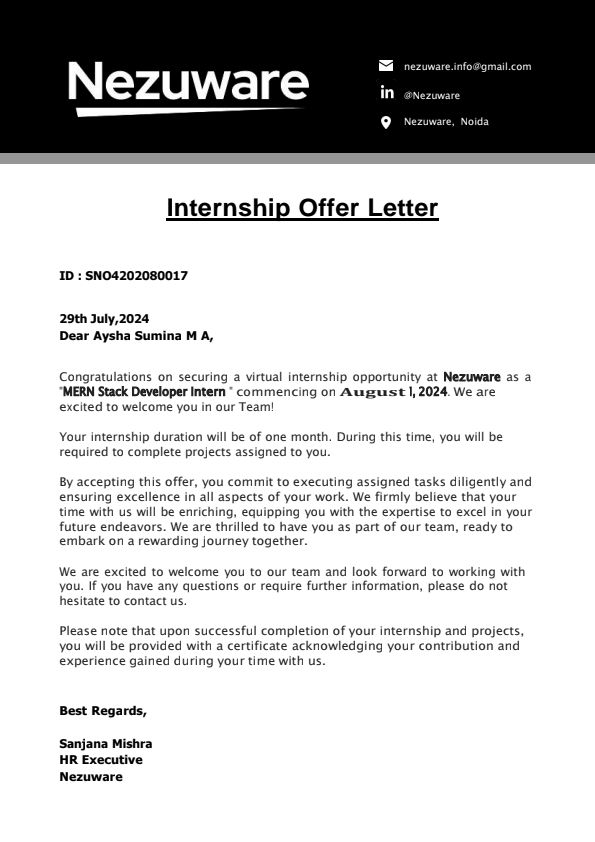 Aysha Sumina M A on LinkedIn: #mern #internship #nezuware Aysha Sumina M A on LinkedIn: #mern #internship #nezuware