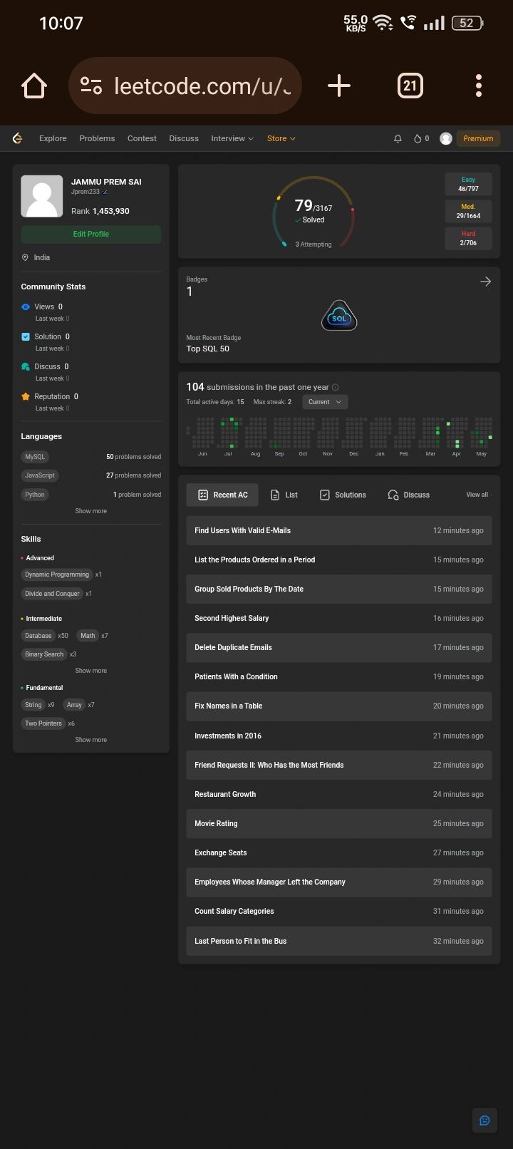 PREM SAI JAMMU on LinkedIn: I solved 50 SQL problems in leetCode and ... PREM SAI JAMMU on LinkedIn: I solved 50 SQL problems in leetCode and ...