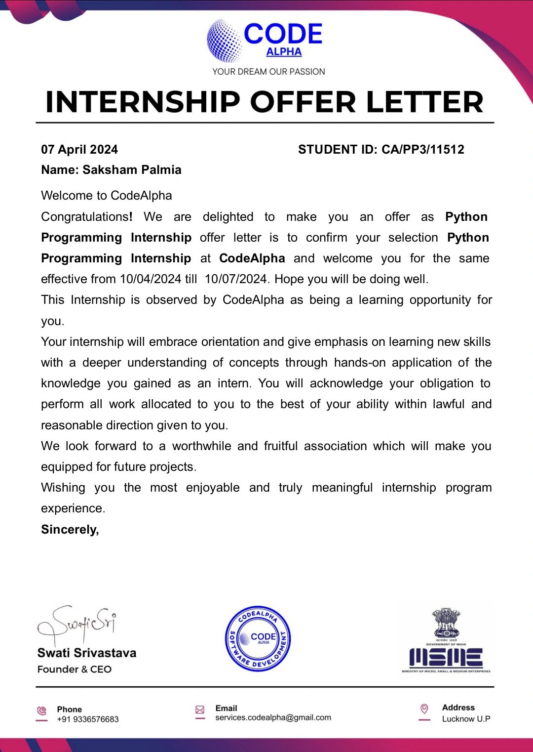 Saksham Palmia on LinkedIn: #codealpha #python #internship #careergrowth Saksham Palmia on LinkedIn: #codealpha #python #internship #careergrowth