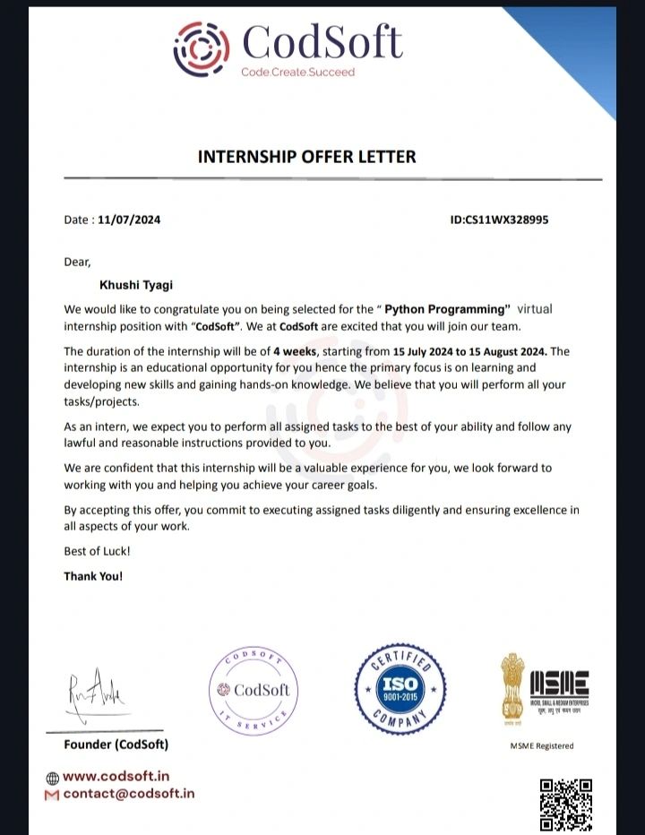 Khushi Tyagi on LinkedIn: #internship #python #codsoft #programming # ... Khushi Tyagi on LinkedIn: #internship #python #codsoft #programming # ...