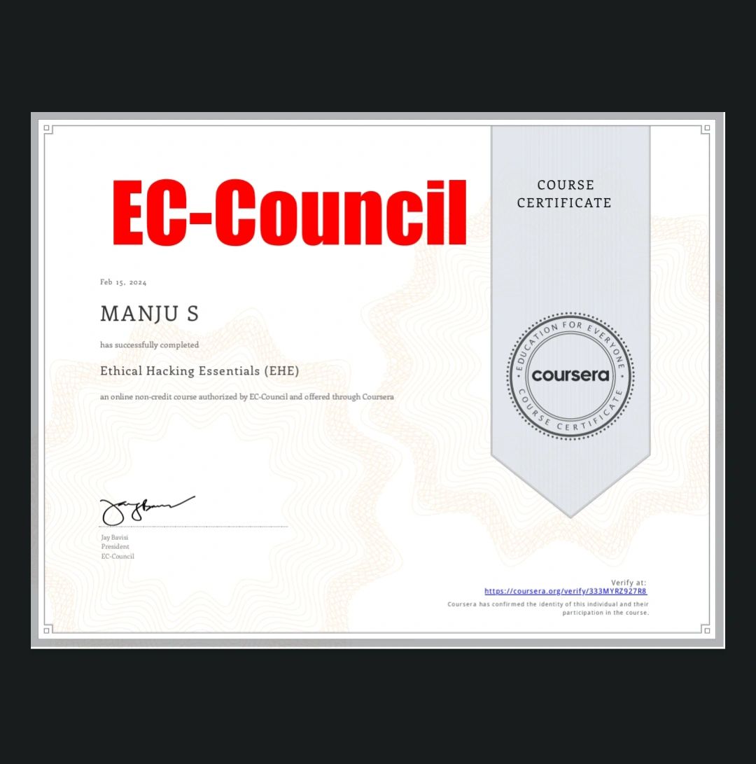 Completed EC-Council Ethical Hacking Essentials | MANJU S Suresh Kumar ... Completed EC-Council Ethical Hacking Essentials | MANJU S Suresh Kumar ...