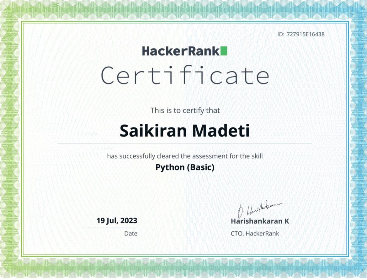MADETI SAI KIRAN on LinkedIn: #pythoncertification MADETI SAI KIRAN on LinkedIn: #pythoncertification