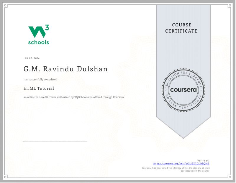 Ravindu Dulshan on LinkedIn: #coursera #w3schools Ravindu Dulshan on LinkedIn: #coursera #w3schools