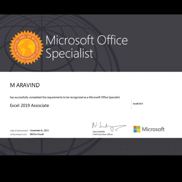 M.Aravind Yadav on LinkedIn: completed the Microsoft Excel Specialist ... M.Aravind Yadav on LinkedIn: completed the Microsoft Excel Specialist ...