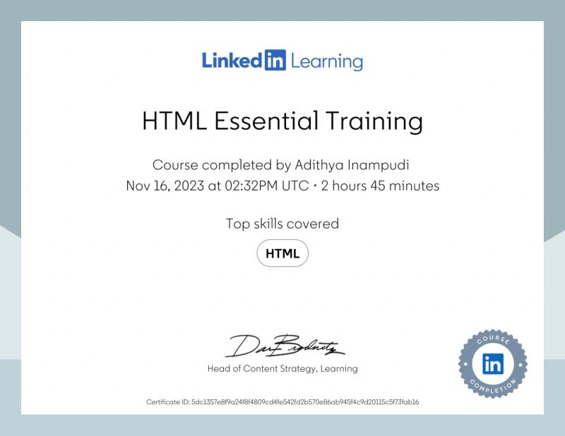 Adithya Inampudi on LinkedIn: #html #webdevelopment #certificate # ... Adithya Inampudi on LinkedIn: #html #webdevelopment #certificate # ...