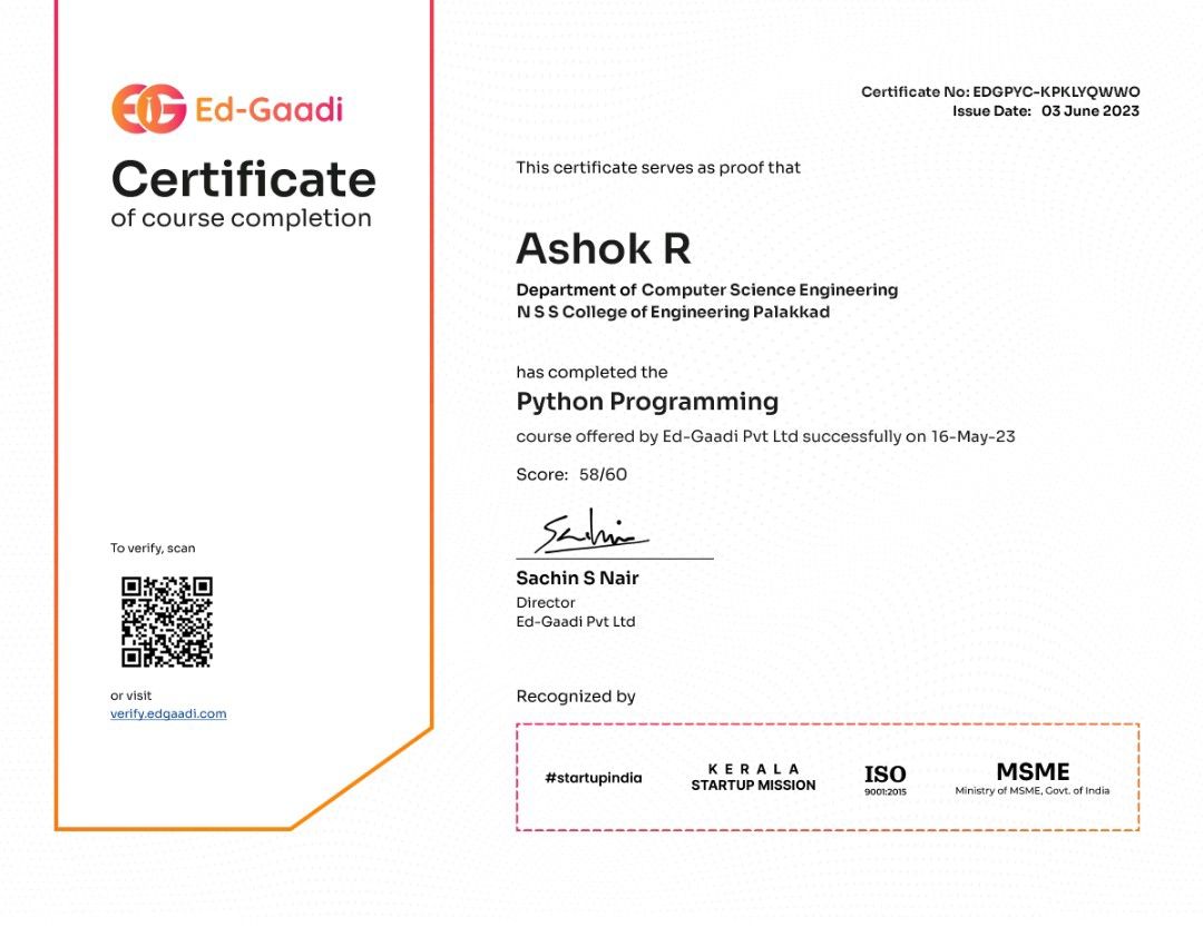 Ashok R on LinkedIn: Completed a Python Programming Course Offered by ... Ashok R on LinkedIn: Completed a Python Programming Course Offered by ...