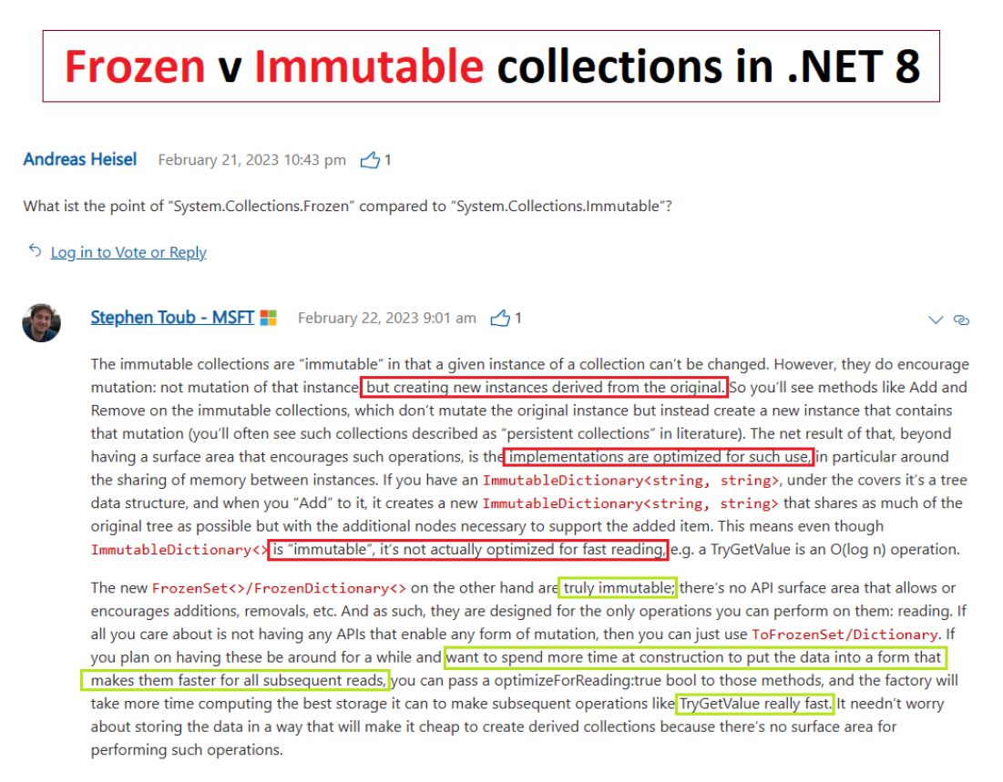 Mukesh Kumar on LinkedIn: .NET 8 Frozen v Immutable collections Why use ... Mukesh Kumar on LinkedIn: .NET 8 Frozen v Immutable collections Why use ...