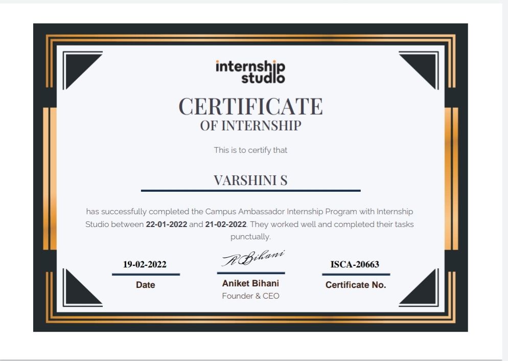 Varshini S on LinkedIn: Completed the Campus Ambassador Internship ... Varshini S on LinkedIn: Completed the Campus Ambassador Internship ...