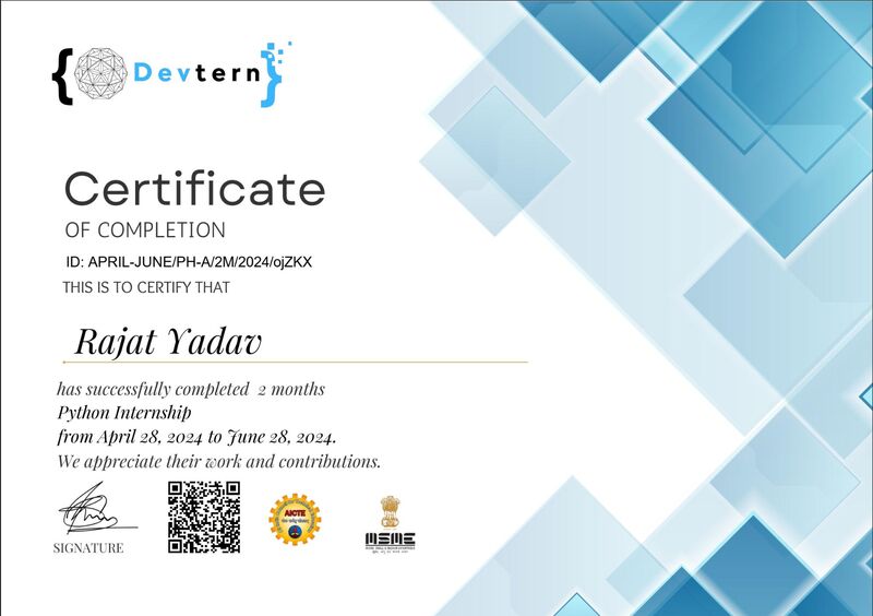 Rajat yadav on LinkedIn: #internshipcompletion #python #devtern Rajat yadav on LinkedIn: #internshipcompletion #python #devtern