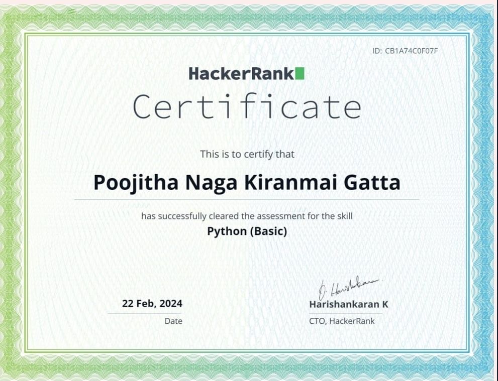 🚀 Achieved HackerRank Certificate in Python Basics! 🐍 | Poojitha Gatta ... 🚀 Achieved HackerRank Certificate in Python Basics! 🐍 | Poojitha Gatta ...